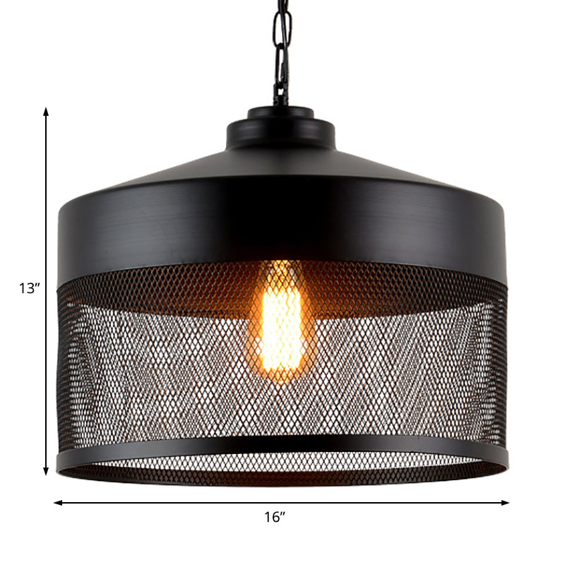 Industrial Style Metal Hanging Light with Black Mesh Drum Shade ...