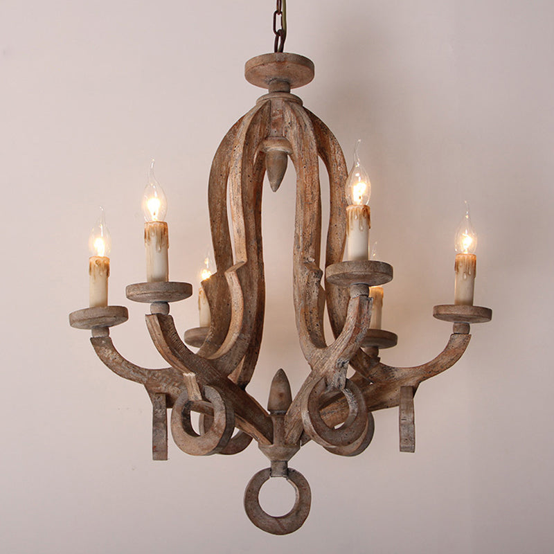 Vintage Wooden Candlestick Chandelier Pendant Light | 6 Bulb Hanging F ...