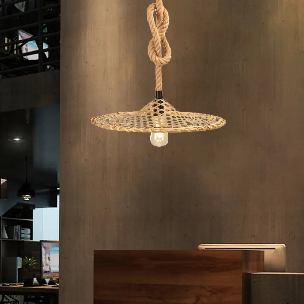 Bamboo Hat Pendant Ceiling Light with Countryside Beige Rope - Knots ...