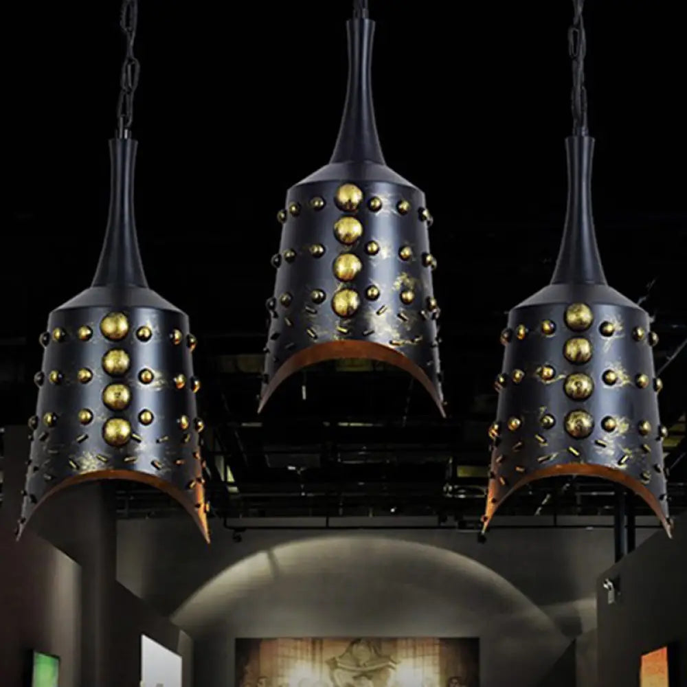 Black Iron Cone Pendant Light Set with 3 Hanging Ceiling Fixtures and ...