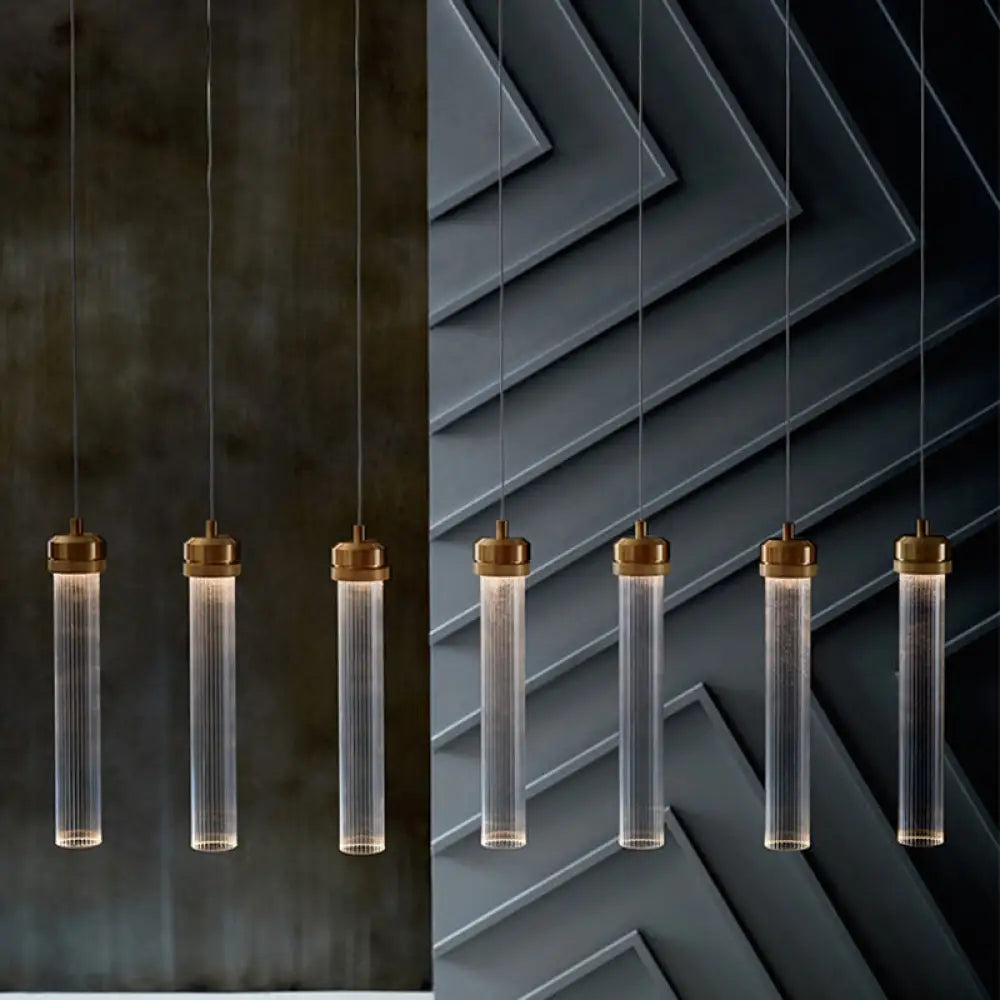 Clear Fluted Glass Tube Pendant Light: Simple Gold Ceiling Hanging ...