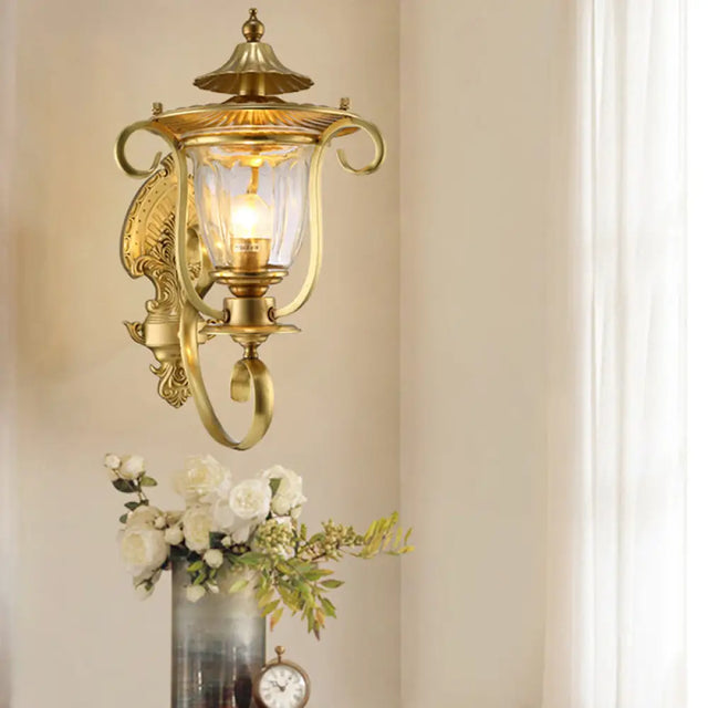 Colonial Curved Arm Brass Gold Wall Sconce with Clear Glass Shade ...