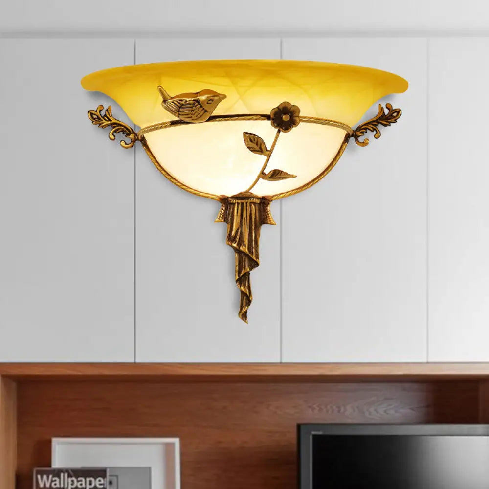 Floral Deco Wall Lamp with Wide Flare in Tradition White/Yellow Glass ...