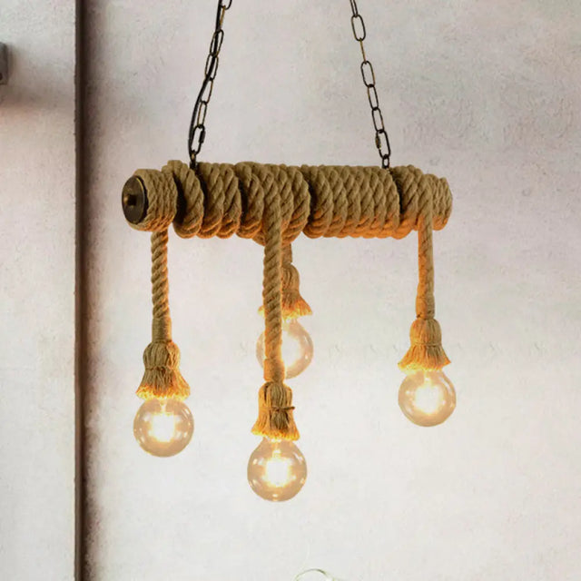 Industrial Style Island Lamp with Rope and 4 Lights - Open Bulb ...