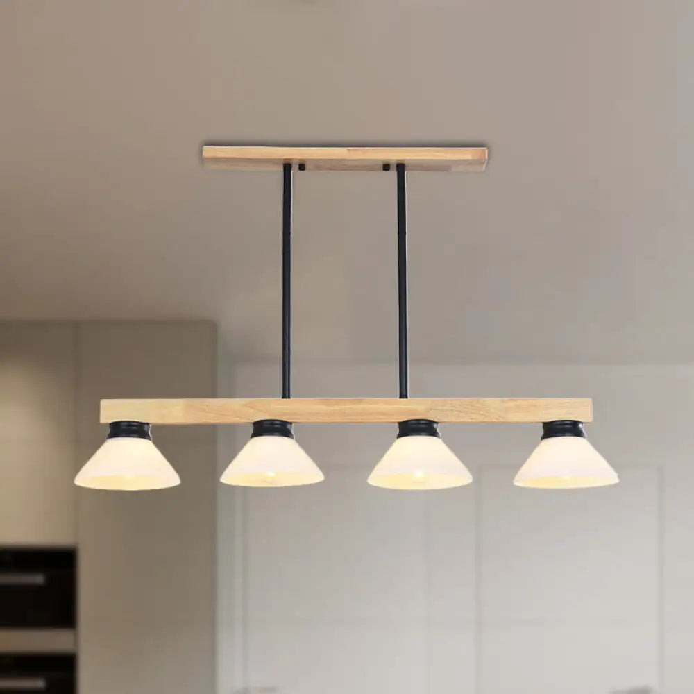 Nordic Linear Wood Hanging Light with 4 Heads and Opal Glass Shade in ...