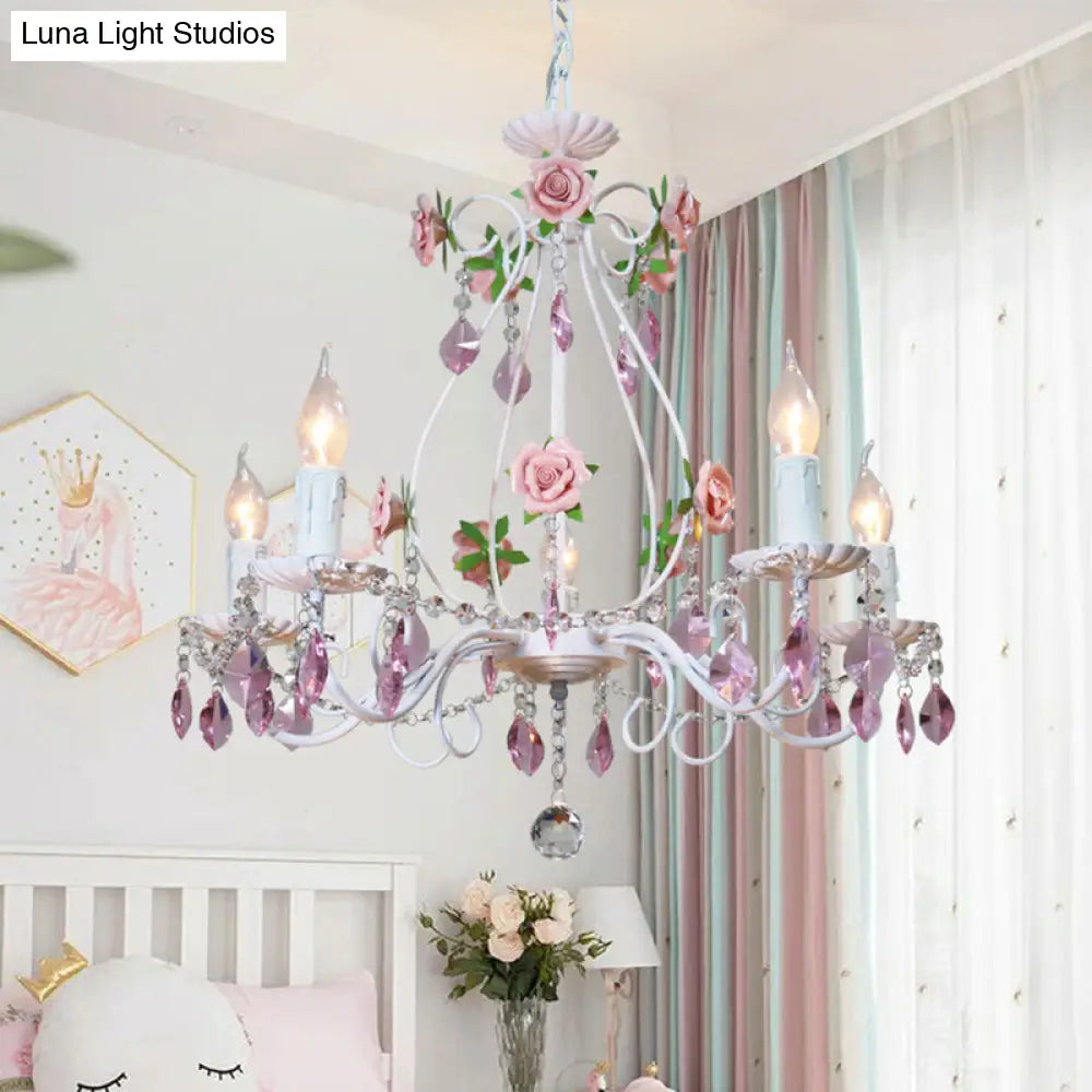 Romantic White Candlestick Chandelier with Pink Rose & Crystal Accents ...