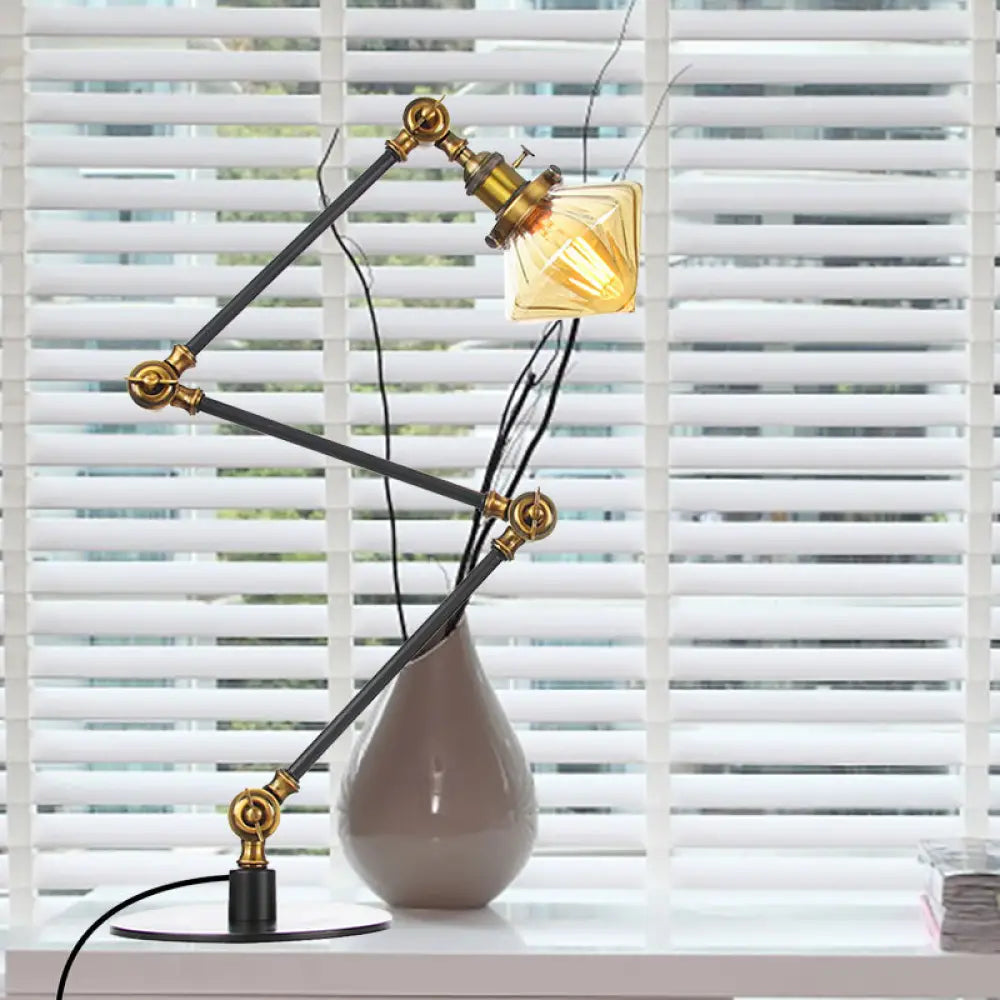 Vintage Diamond Shade Table Lamp: Amber/Clear Glass, Adjustable Arm ...