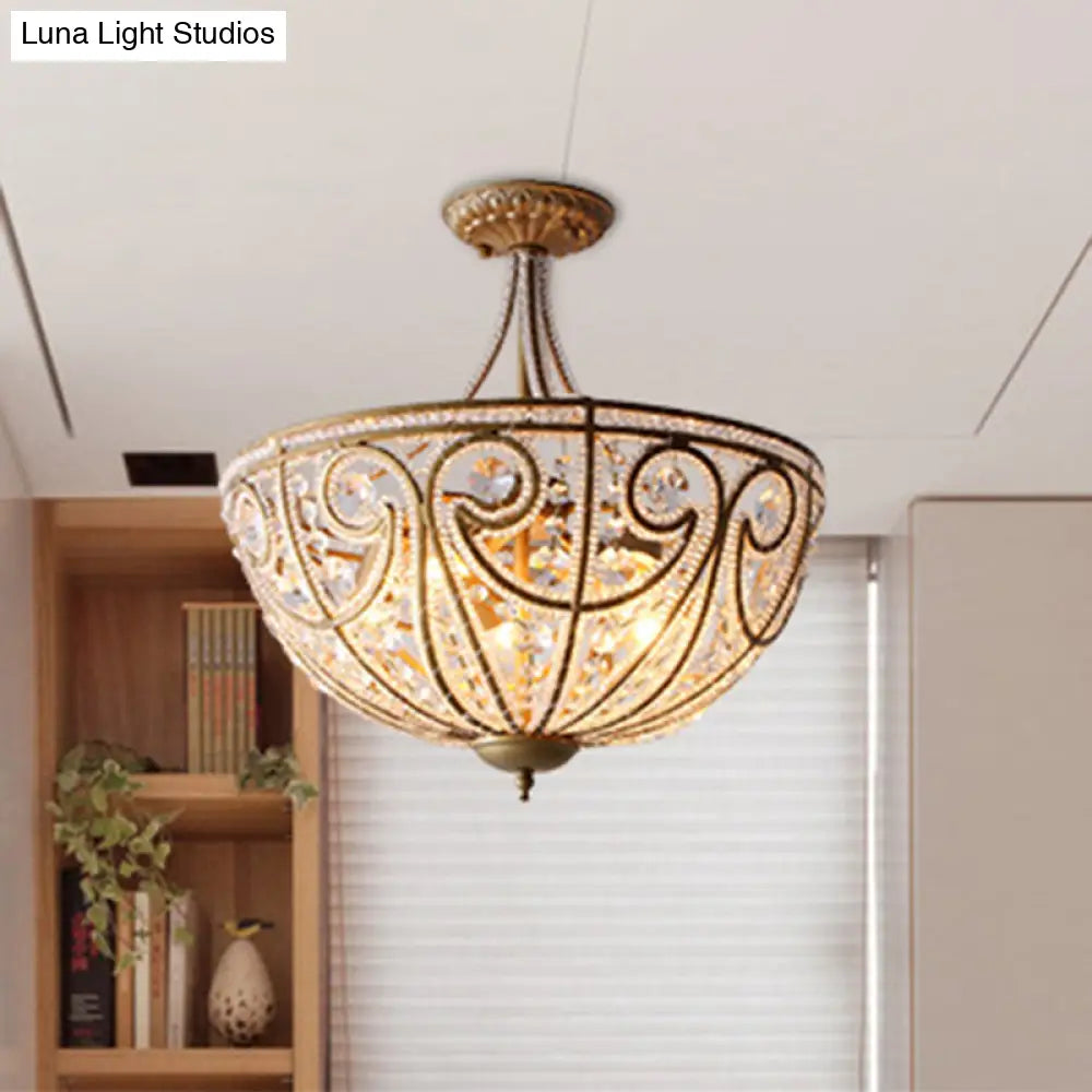 Vintage Dome Crystal Bead Ceiling Light in Gold - Semi Flush, 5 Bulbs ...